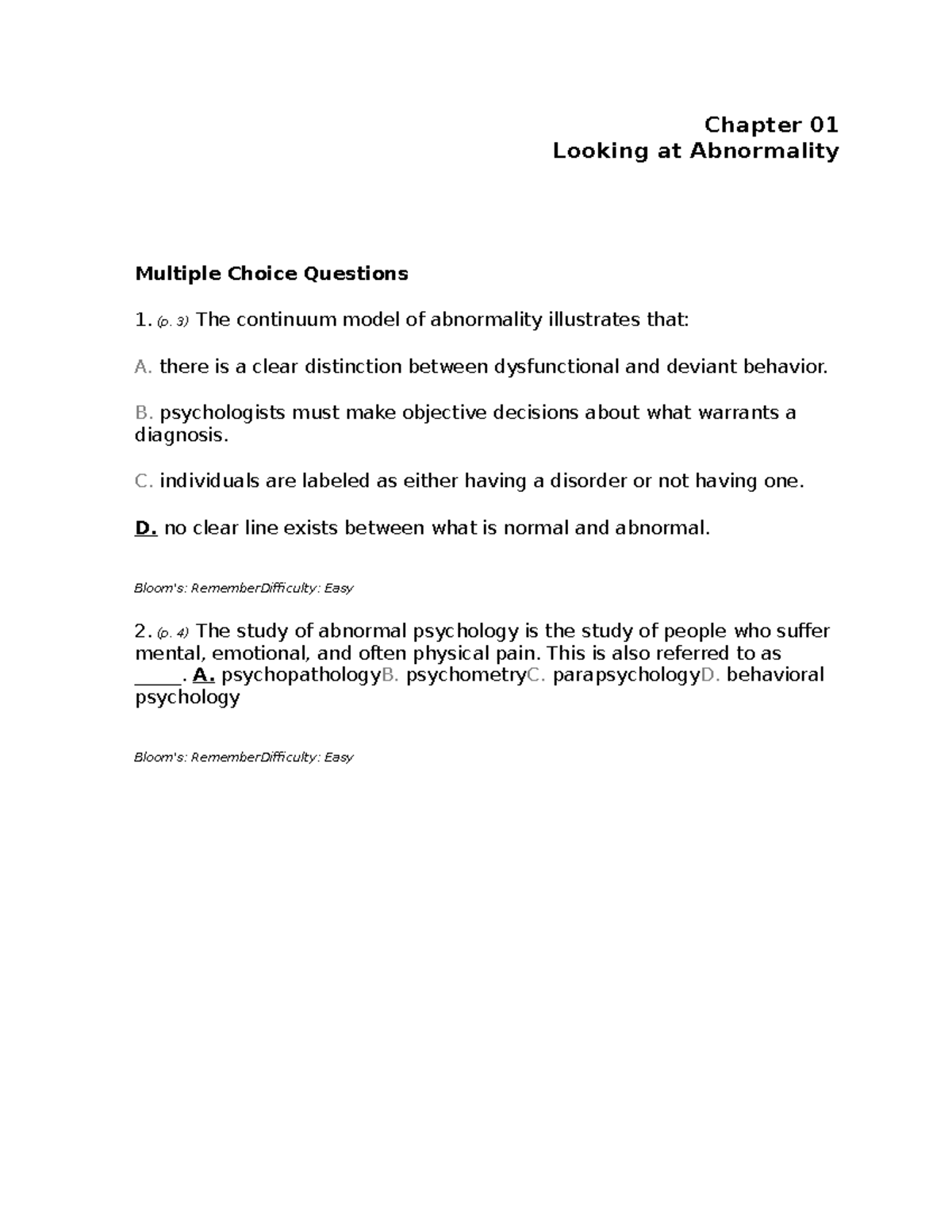Abnormal Psych Ch 1 Testbanks - Chapter 01 Looking at Abnormality ...