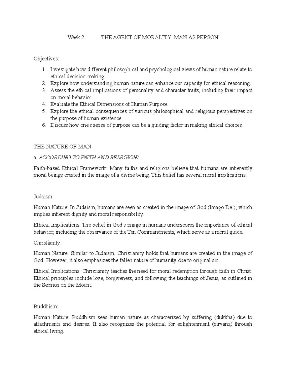 ETH2 - reviewer - Week 2 THE AGENT OF MORALITY: MAN AS PERSON ...