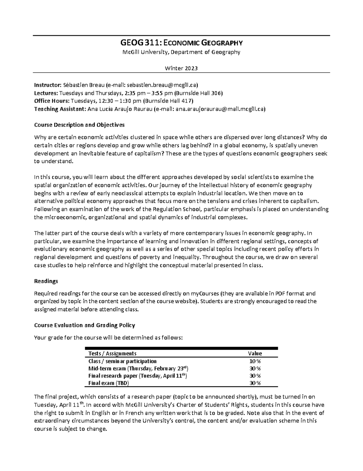 Syllabus - GEOG 311: ECONOMIC GEOGRAPHY McGill University, Department ...
