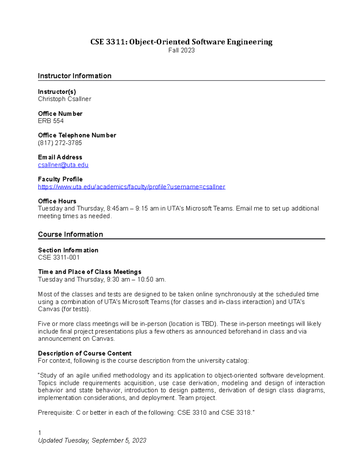 2023-FALL 2238-CSE-3311-001 - CSE 3311: Object-Oriented Software Engineering Fall 2023 ...