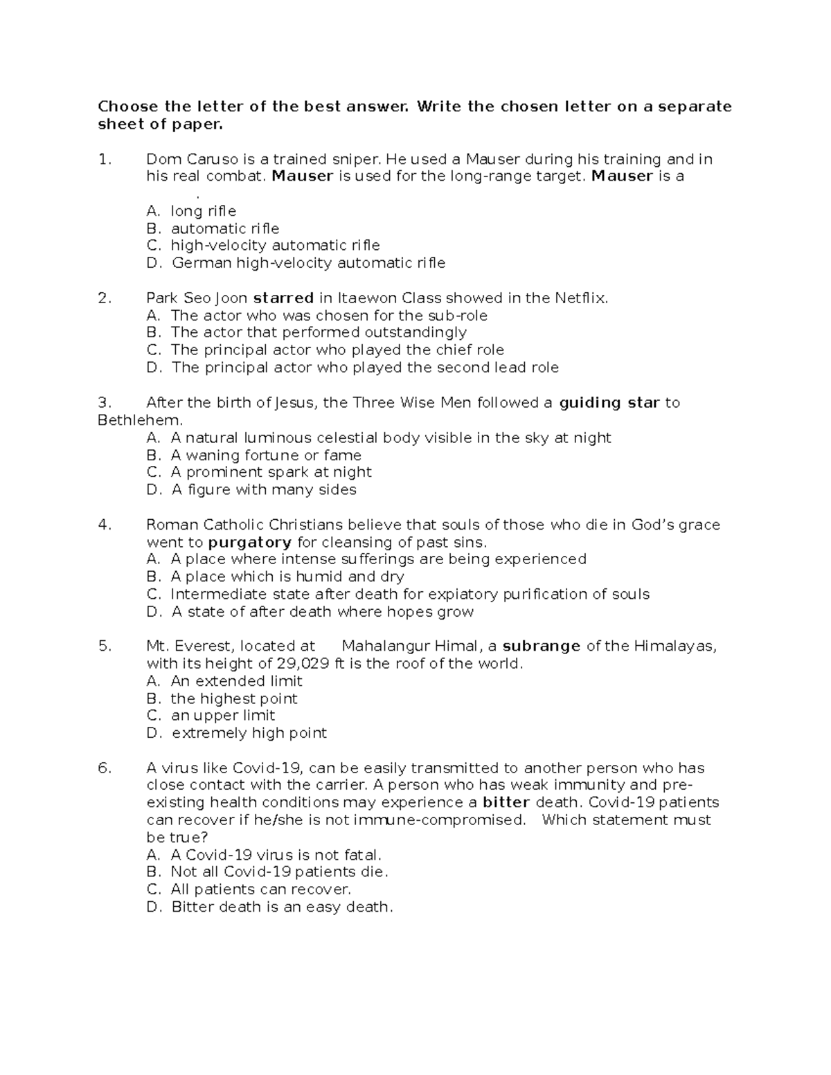 Day1- Worksheet-lit - Worksheet - Choose the letter of the best answer ...