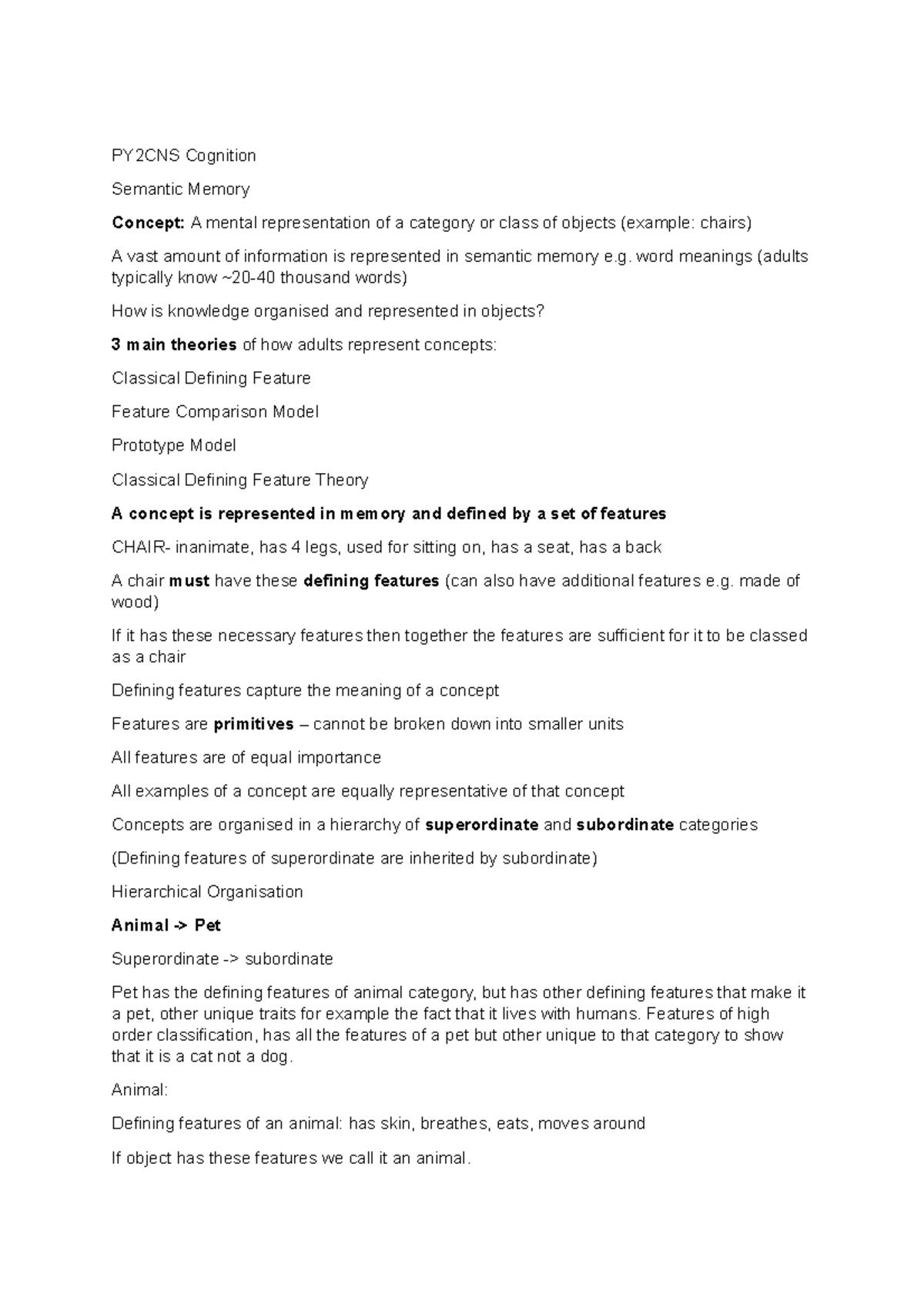 Lecture 2 Semantic Memory - PY2CNS Cognition Semantic Memory Concept: A mental representation of ...