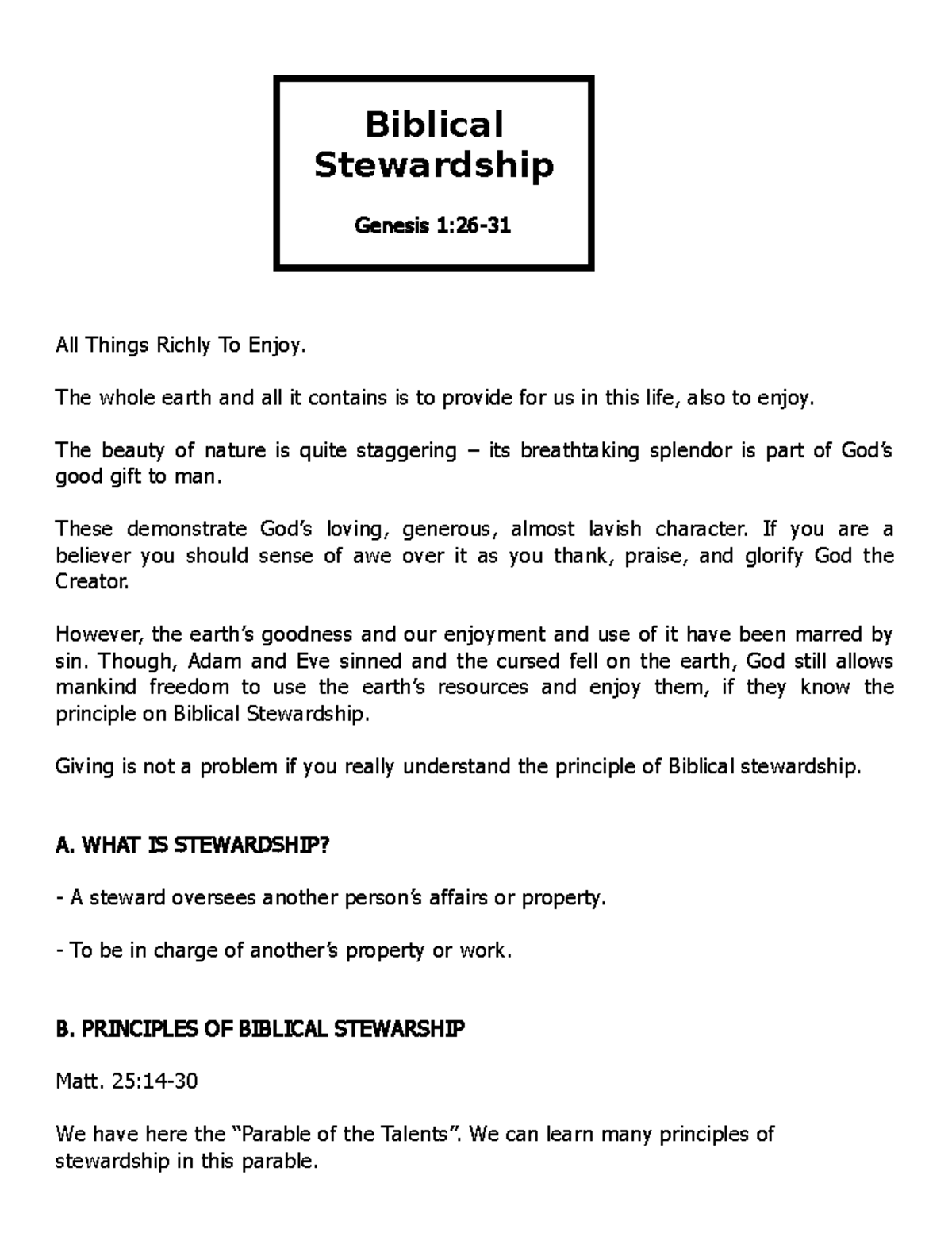 Biblical Stewardship I - Biblical Stewardship Genesis 1 : 26 - 31 All ...