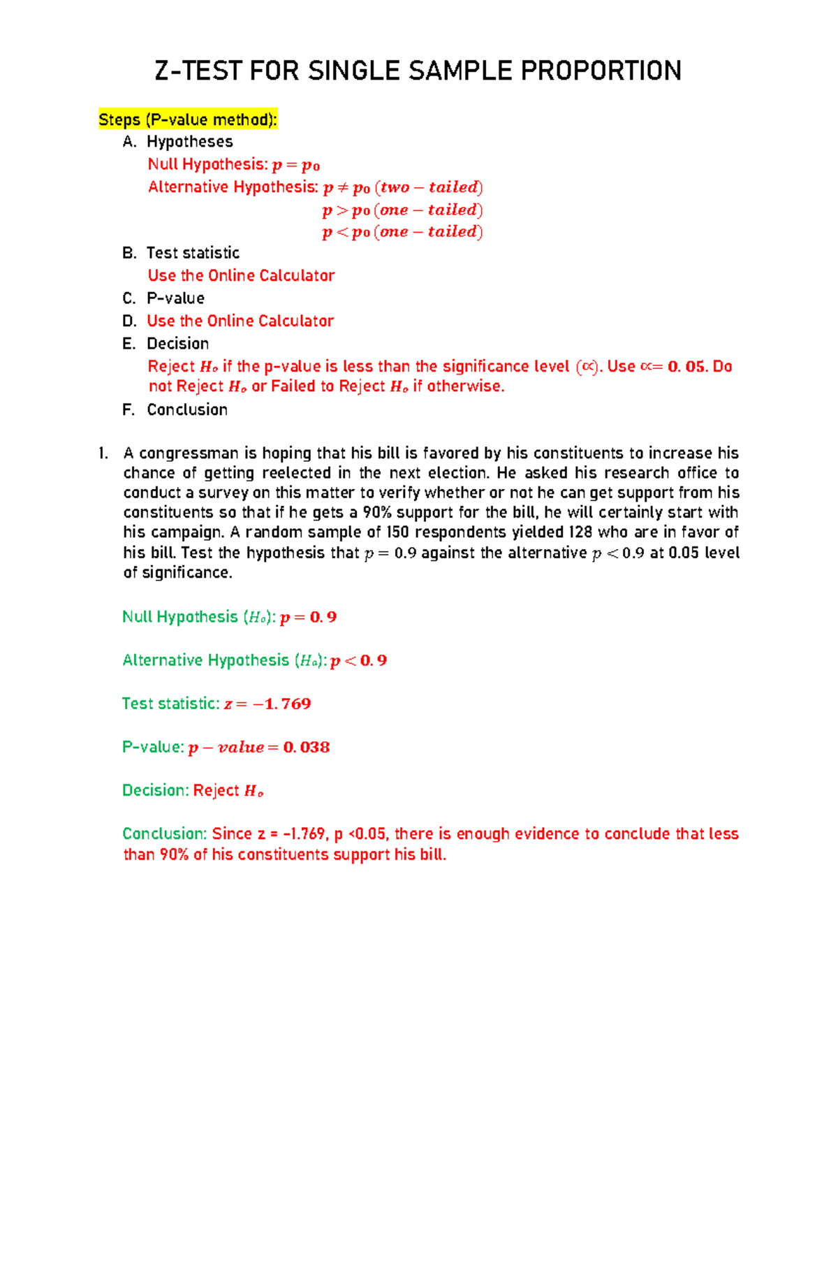 Z-test for Single Sample Proportion - FOR SINGLE SAMPLE PROPORTION ...