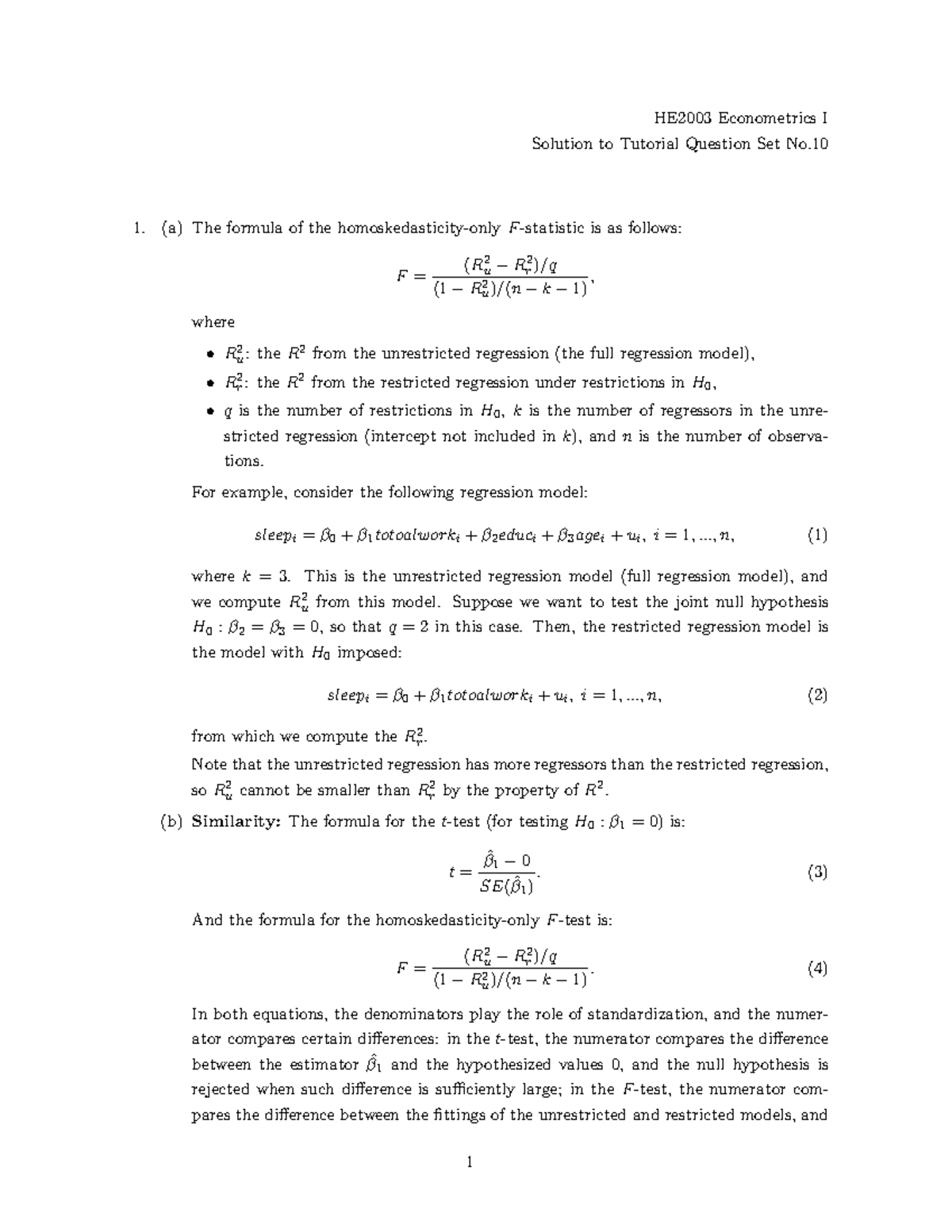 HE2003 2023 Solution 10 - HE2003 Econometrics I Solution to Tutorial Question Set No. (a) The ...