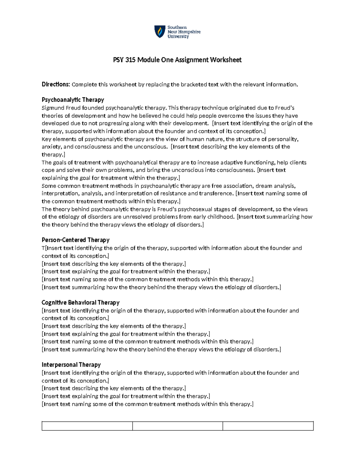 PSY 315 Module One Assignment Worksheet - PSY 315 Module One Assignment ...