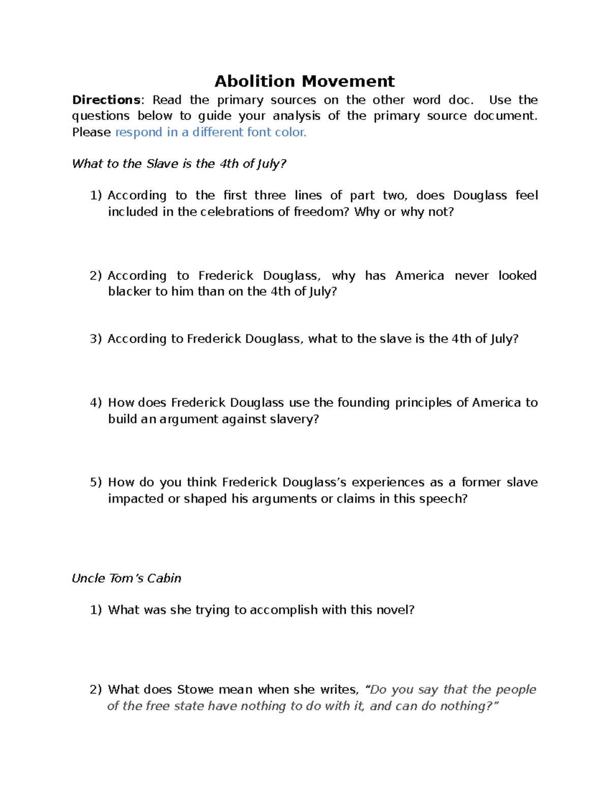 Abolition Movement - Abolition Movement Directions: Read the primary ...