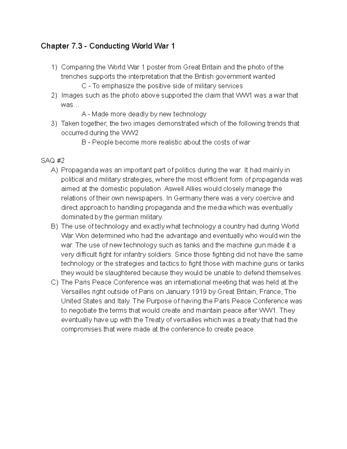 Chapter 7 Ap world - Chapter 7 - Conducting World War 1 Comparing the ...