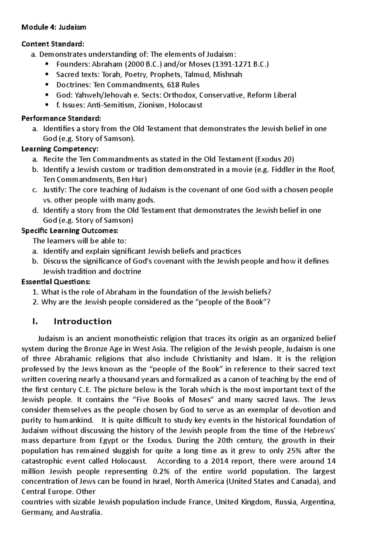 World religion Module 4 Judaism 1 - Module 4: Judaism Content Standard ...