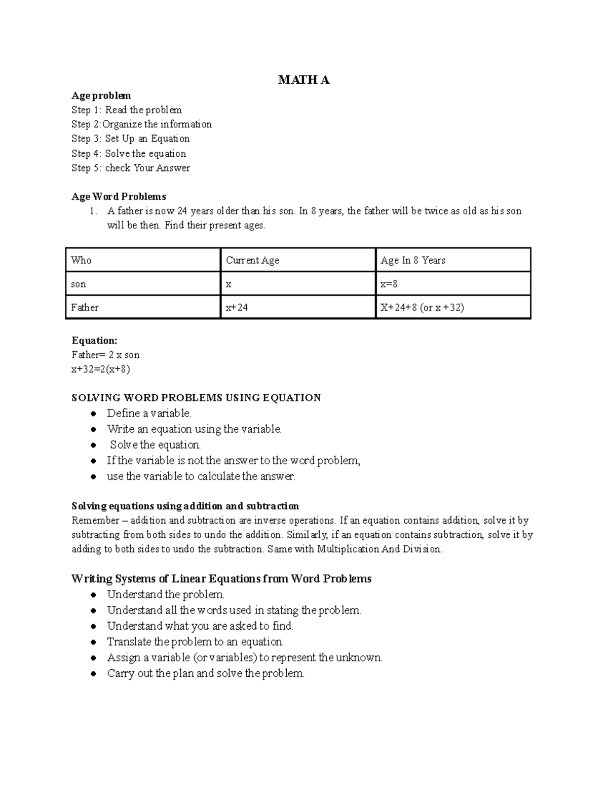 EXAM DAY 2 Notes - MATH A Age problem Step 1: Read the problem Step 2 ...