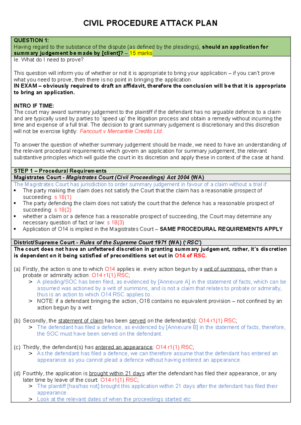 Civil- Procedure- Attack-PLAN - CIVIL PROCEDURE ATTACK PLAN QUESTION 1 ...