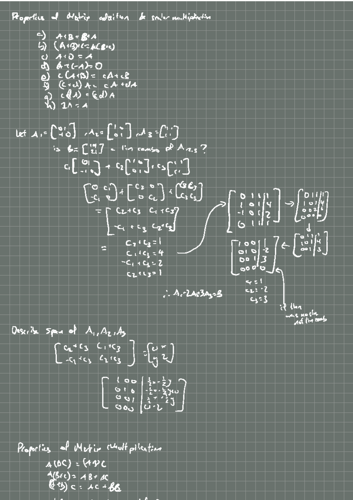 Matrix Algebra - handwritten notes - Properties of Matrix addition ...