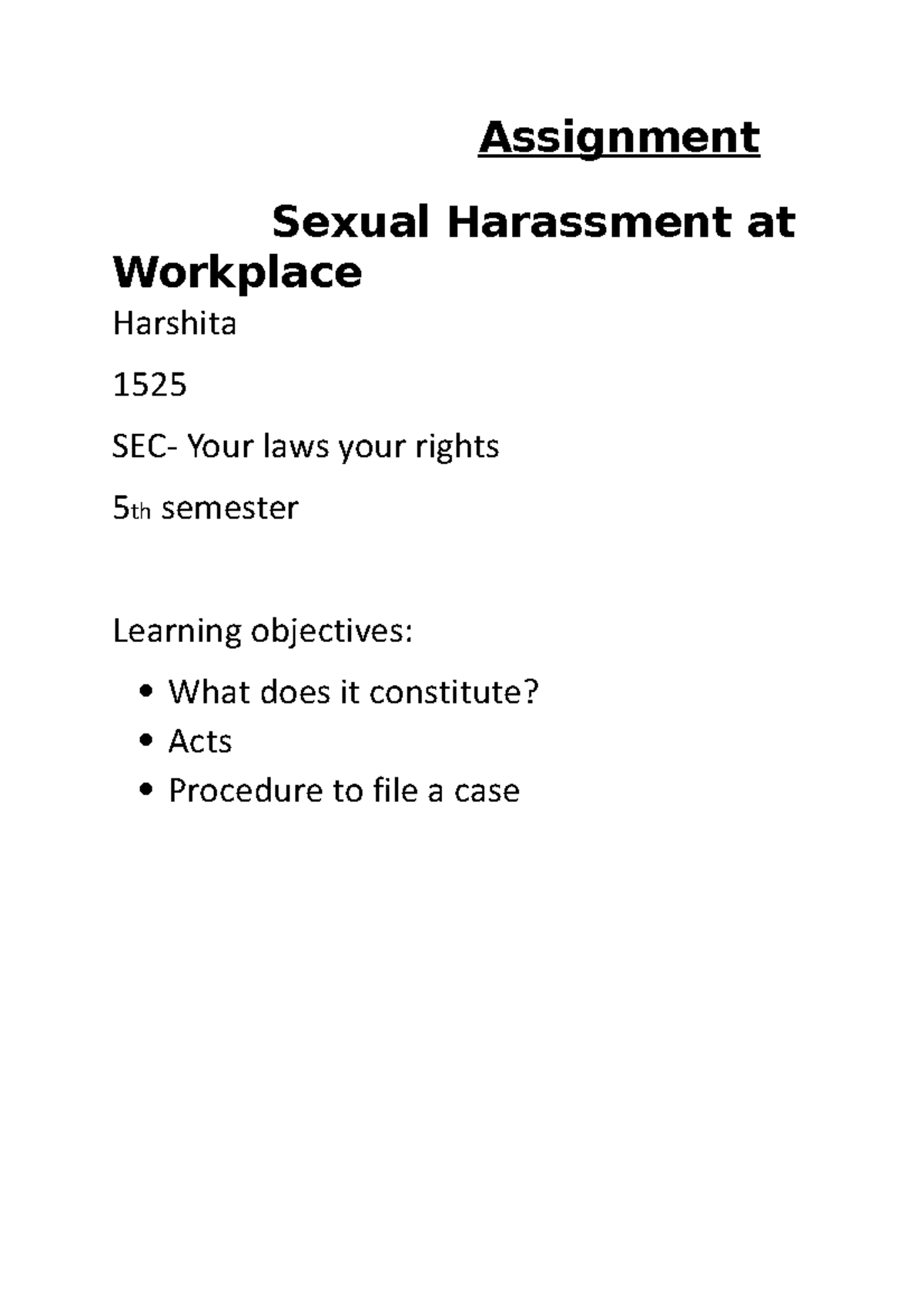 Sec assignment - Assignment Sexual Harassment at Workplace Harshita ...