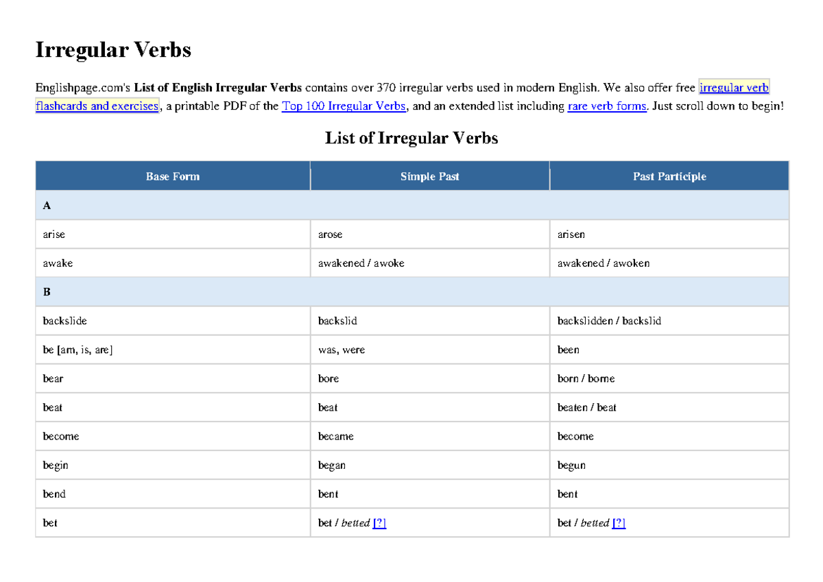 Irregular Verbs - Grammar 2 - Irregular Verbs Englishpage's List of English Irregular Verbs ...