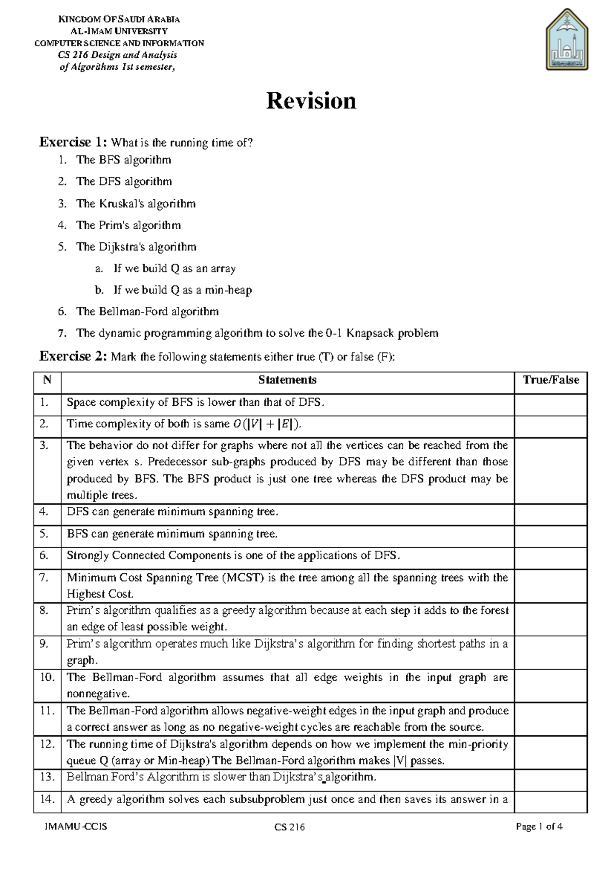 Revision final exam cs216 - AL-IMAM UNIVERSITY COMPUTER SCIENCE AND INFORMATION CS 216 Design ...