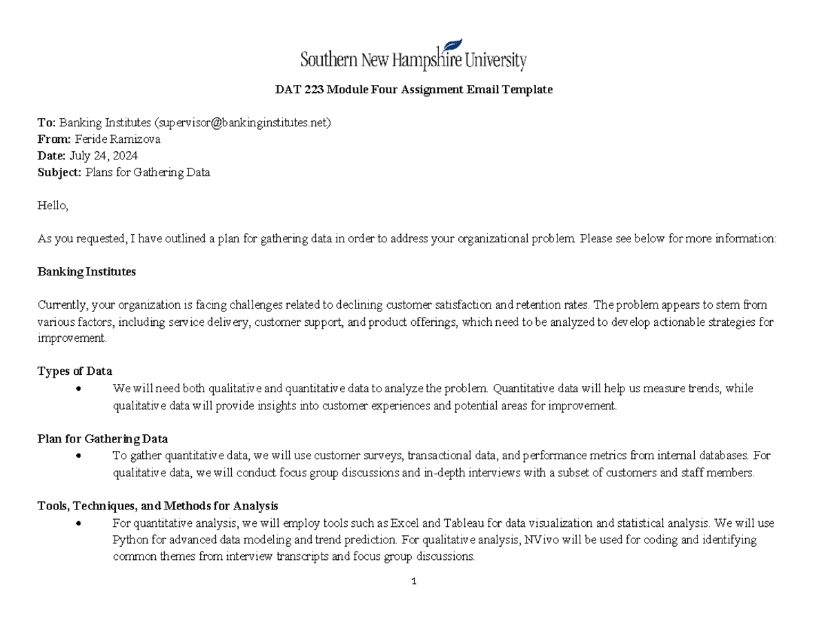 DAT 223 Module Four Assignment Email - Please see below for more ...