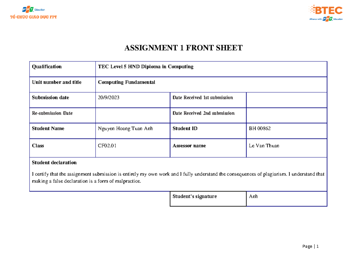 Anhnht BH-00862 CF Assignment 1 1st - ASSIGNMENT 1 FRONT SHEET Qualification TEC Level 5 HND ...