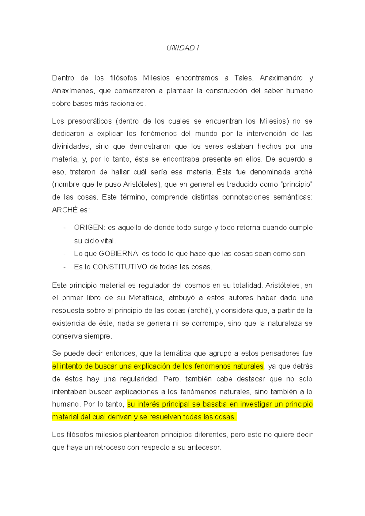Unidad 1 - UNIDAD I Dentro de los filósofos Milesios encontramos a ...