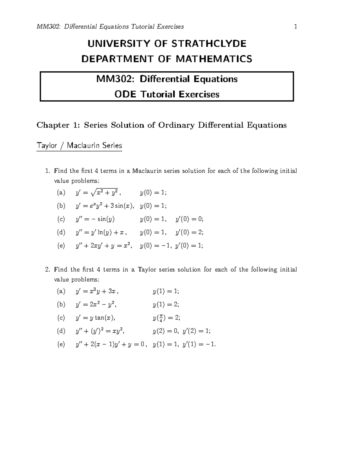 MM302 Tutorial Sheet ODE - UNIVERSITY OF STRATHCLYDE DEPARTMENT OF ...