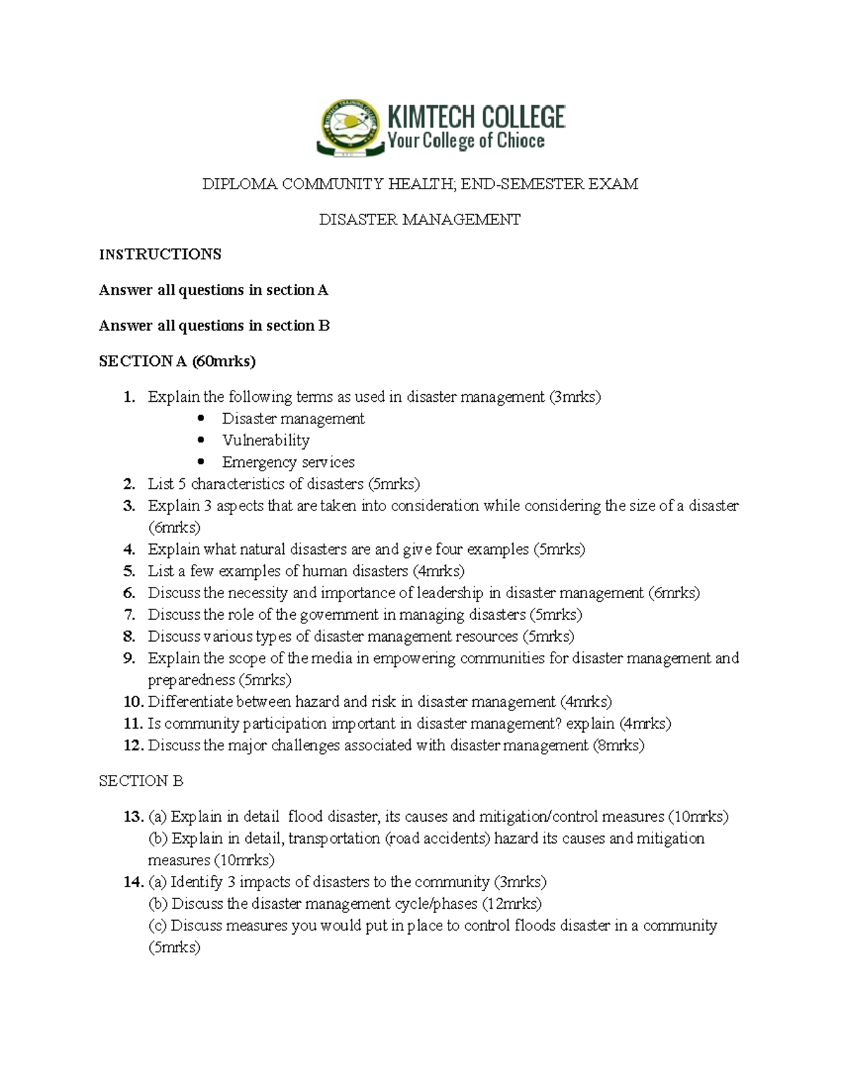 END SEM Disaster - End semester exam - DIPLOMA COMMUNITY HEALTH; END ...