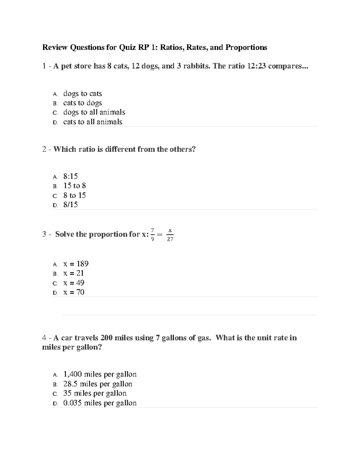 9 18 Kahoot questions RP1 - Review Questions for Quiz RP 1: Ratios ...