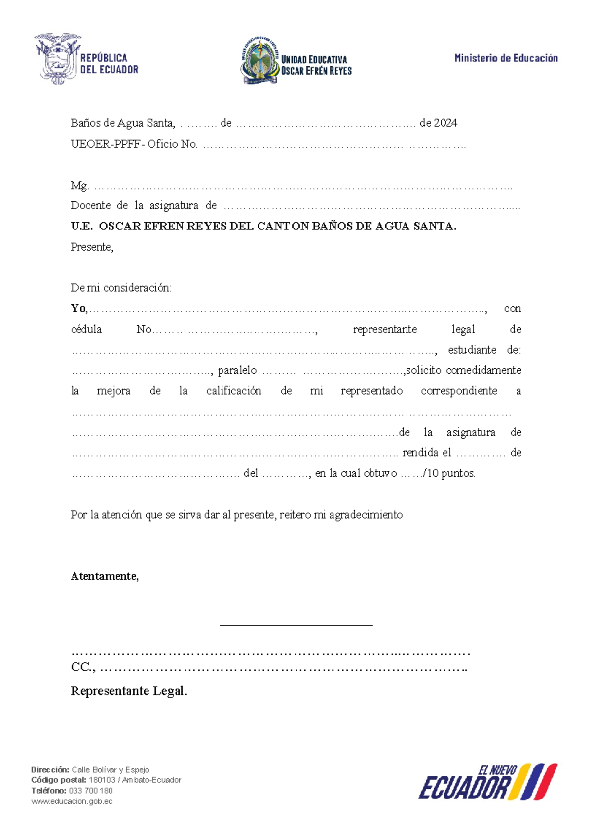 Mejoramiento - Dirección: Calle Bolívar y Espejo Código postal: 180103 ...