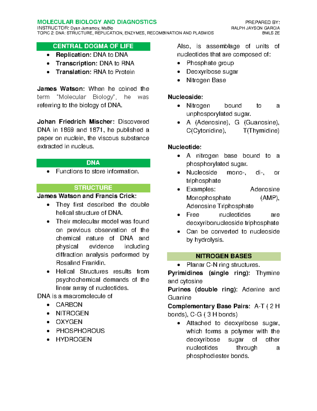 Prelim LEC Topic 2-DNA - This is personally transcribed by Janrose R. Terrazula from BMLS 2F of ...