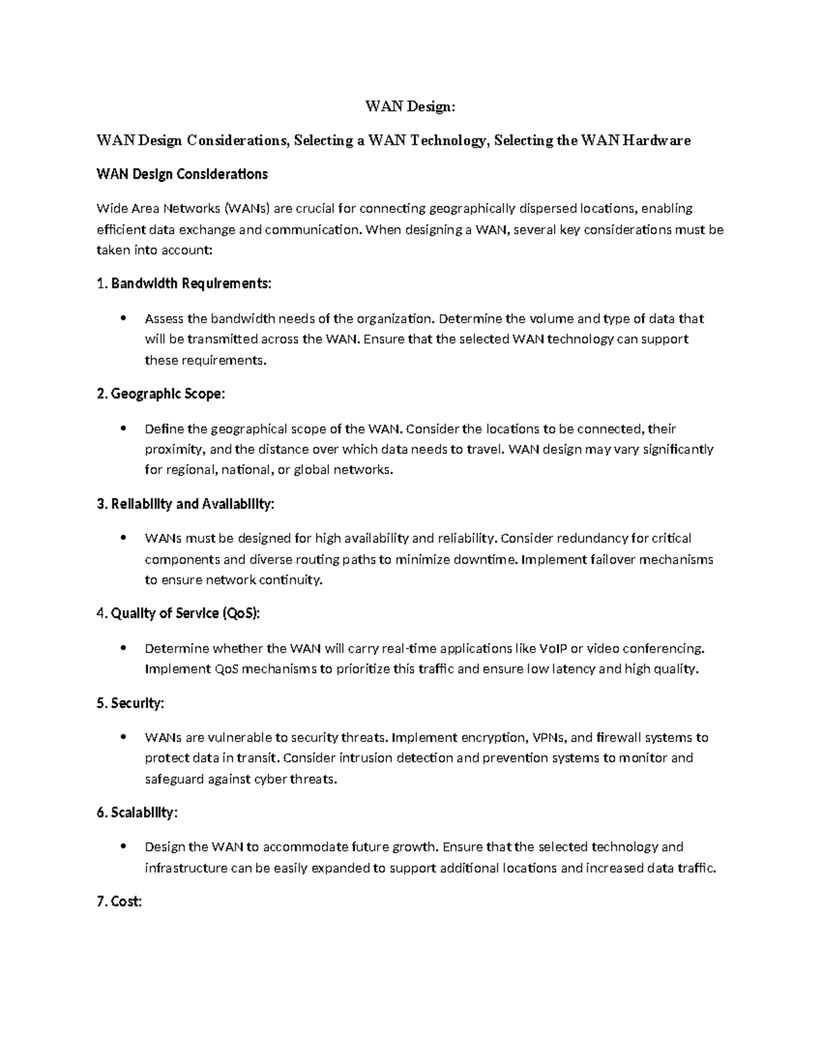 Week 4 - notes - WAN Design: WAN Design Considerations, Selecting a WAN ...