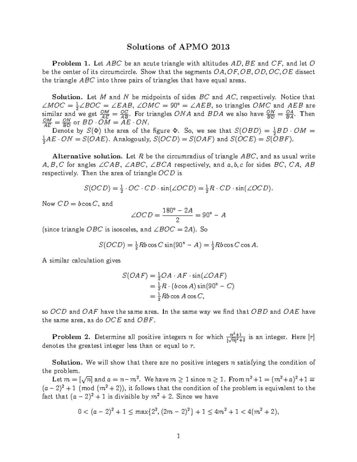 APMO 2013 - Solutions - Solutions of APMO 2013 Problem 1 an acute ...