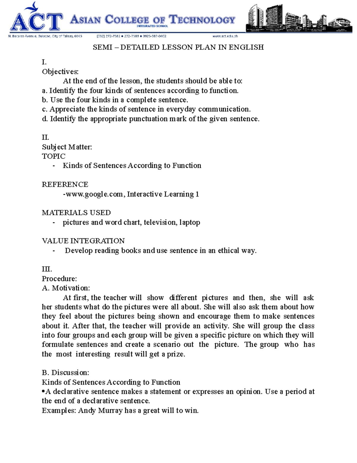 Lesson Plan 4 Types of Sentences - SEMI – DETAILED LESSON PLAN IN ...