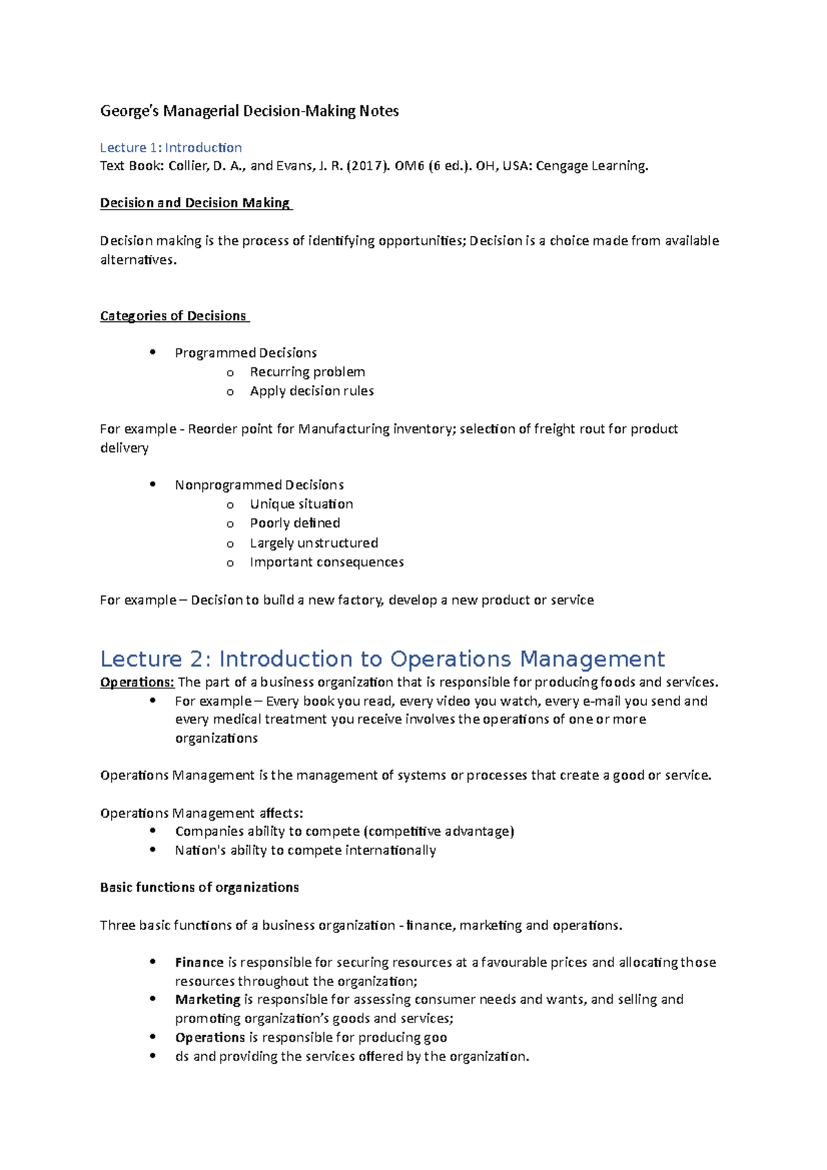 George's 170 Notes - George’s Managerial Decision-Making Notes Lecture ...