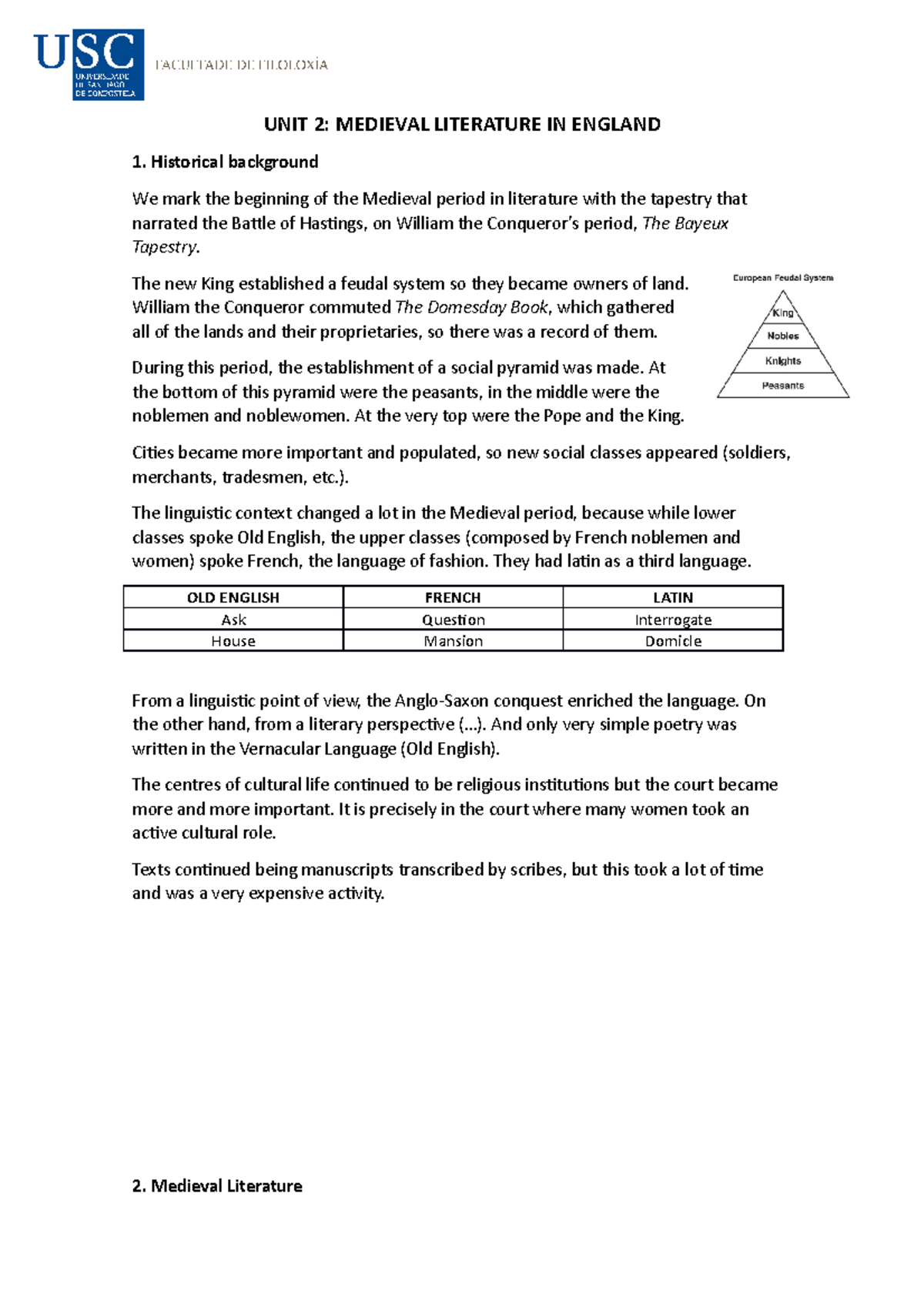 UNIT 2 - Apuntes 2 - UNIT 2: MEDIEVAL LITERATURE IN ENGLAND 1 ...