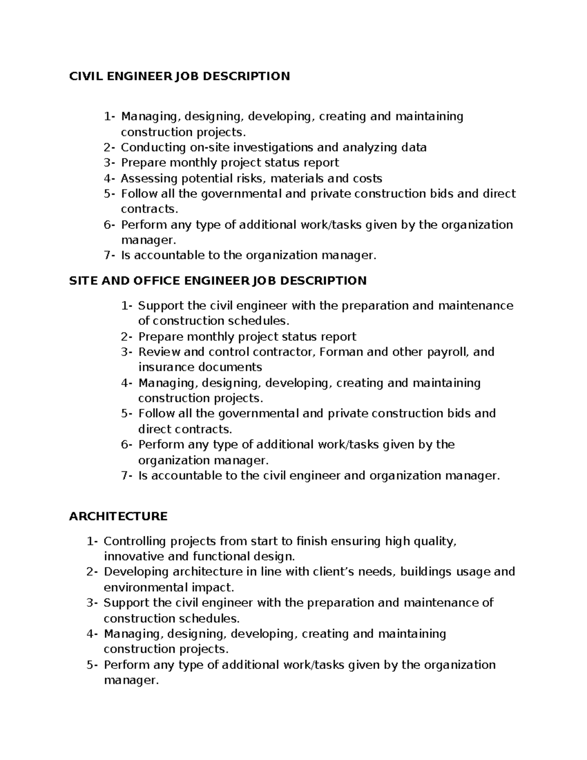 Civil Engineer JOB Description - CIVIL ENGINEER JOB DESCRIPTION 1 ...