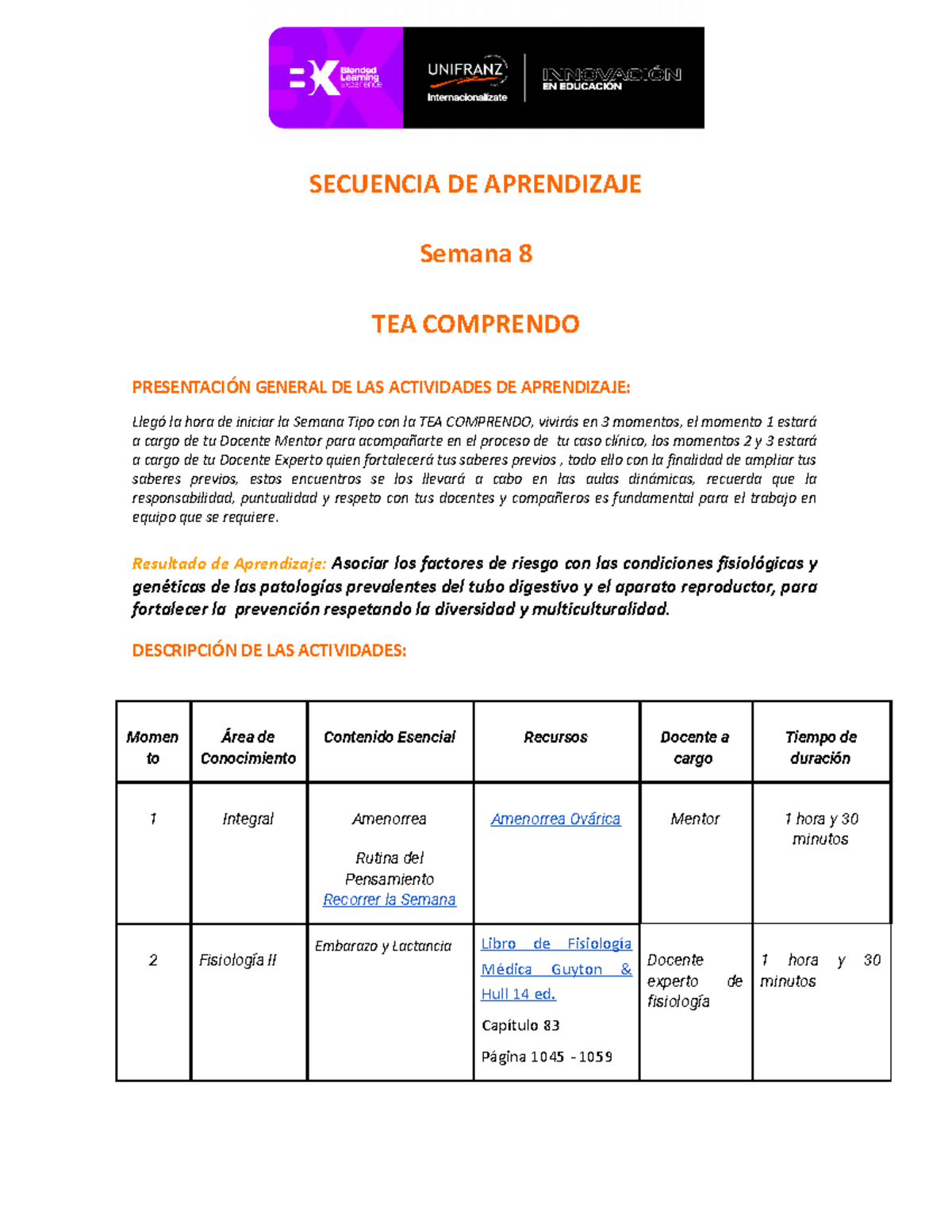 Semana 8. TEA Comprendo 4to semestre - SECUENCIA DE APRENDIZAJE Semana 8 TEA COMPRENDO ...