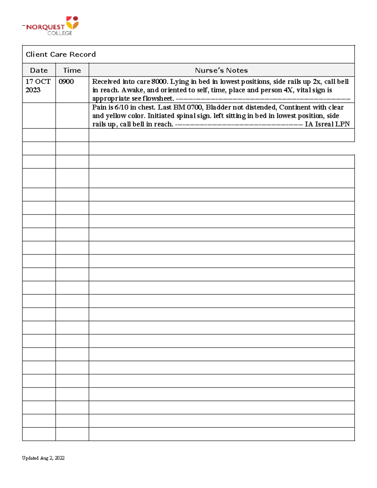 Nursing Care Record lab Spinal - Client Care Record Date Time Nurse’s ...