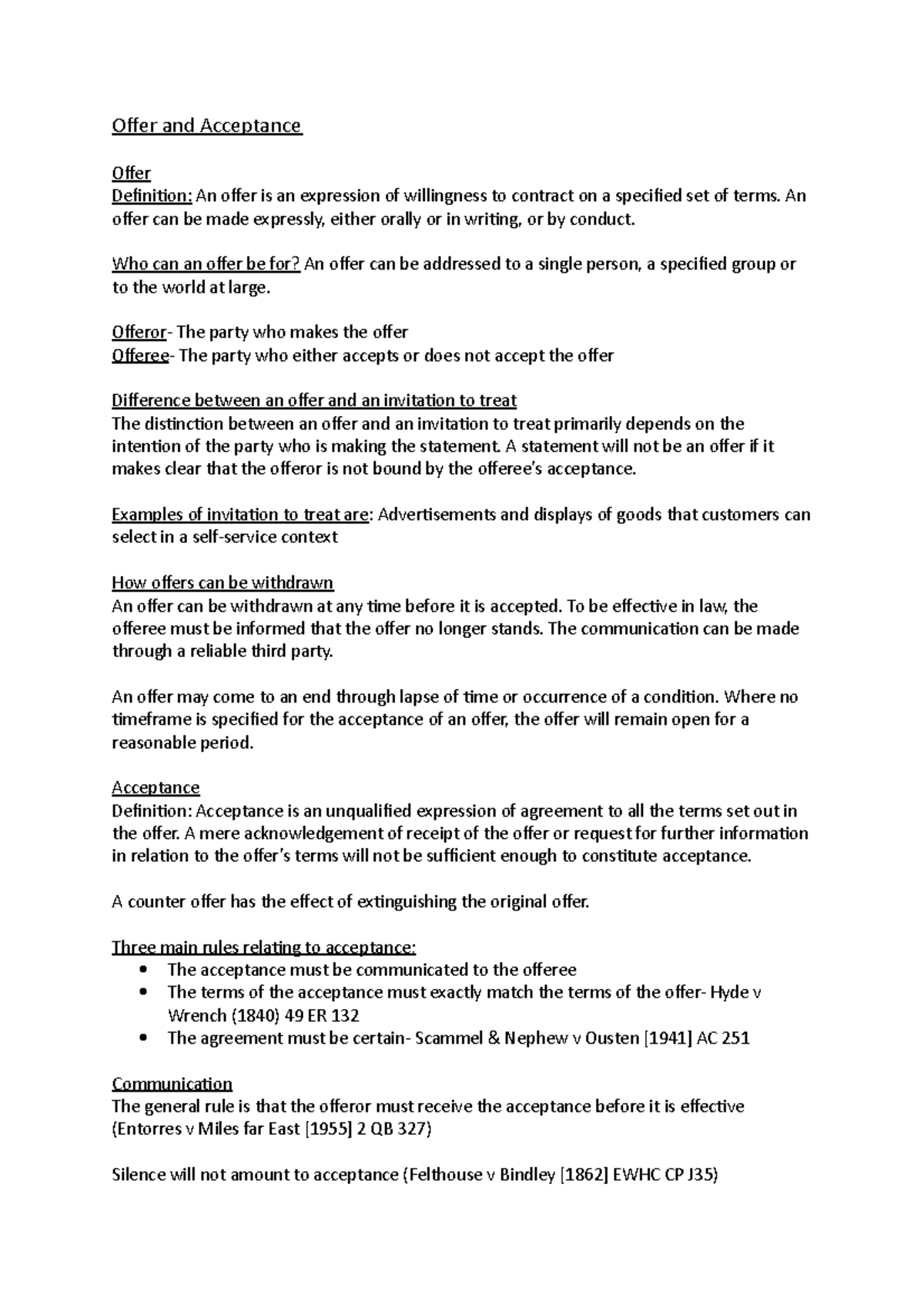 Offer and Acceptance - Notes - Offer and Acceptance Offer Definition ...