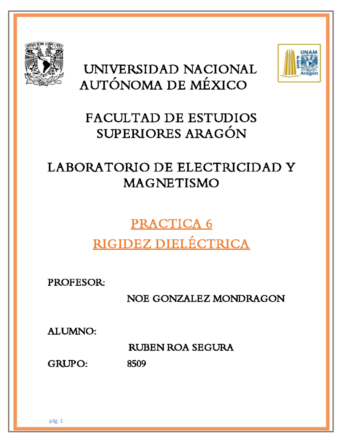 Practica 6 Rigidez Electrica - UNIVERSIDAD NACIONAL AUT”NOMA DE M.. FACULTAD DE ESTUDIOS ...