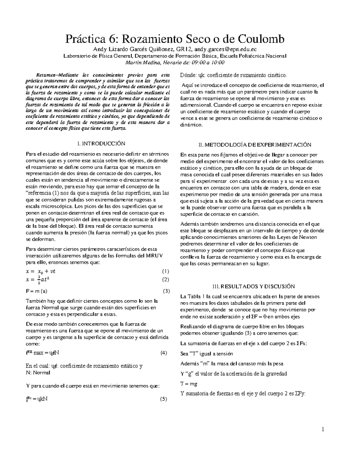 Pr ctica 6 rozamiento seco - 1 Práctica 6: Rozamiento Seco o de Coulomb Andy Lizardo Garcés ...