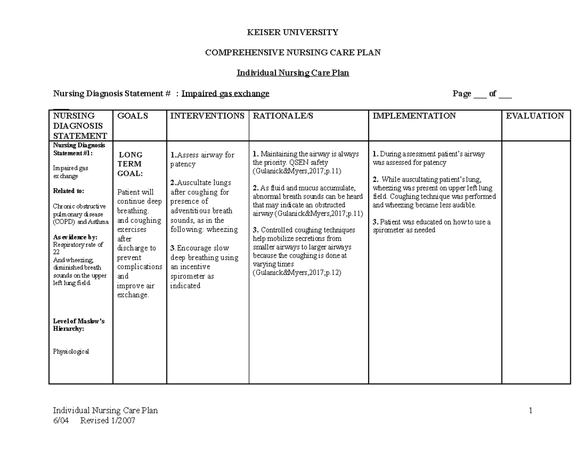 Physiological - clinicals care plan - COMPREHENSIVE NURSING CARE PLAN Individual Nursing Care ...