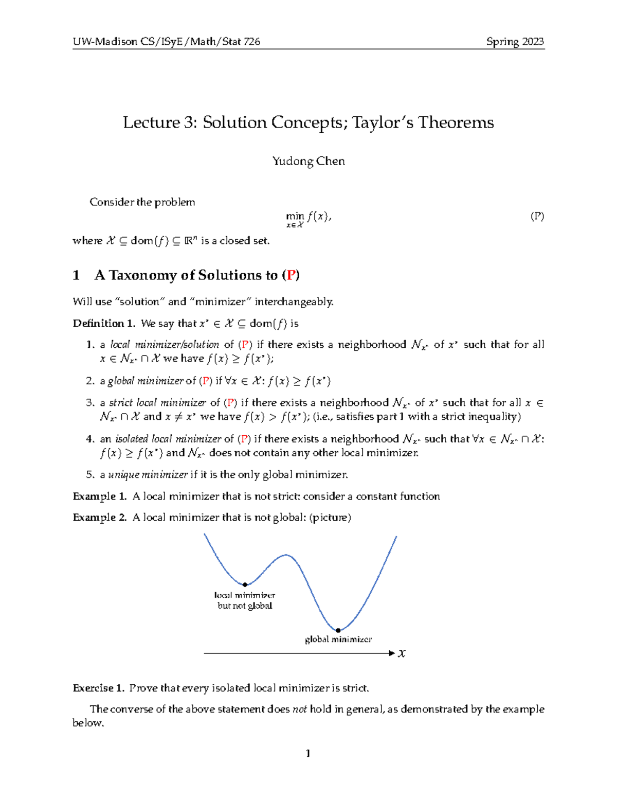 Lecture 3 taxonomy taylor - Lecture 3: Solution Concepts; Taylor’s Theorems Yudong Chen Consider ...