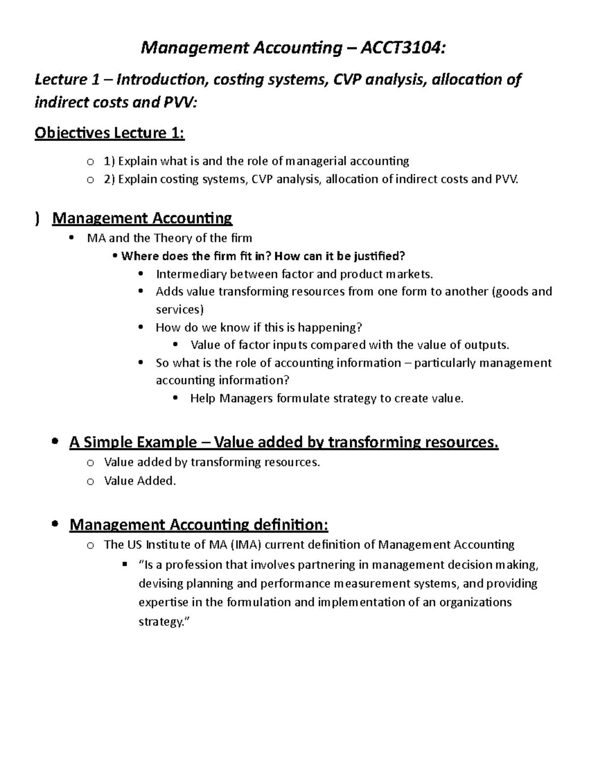 3104 Mid-Sem - Lecture notes 1-7 - Management Accounting – ACCT3104 ...