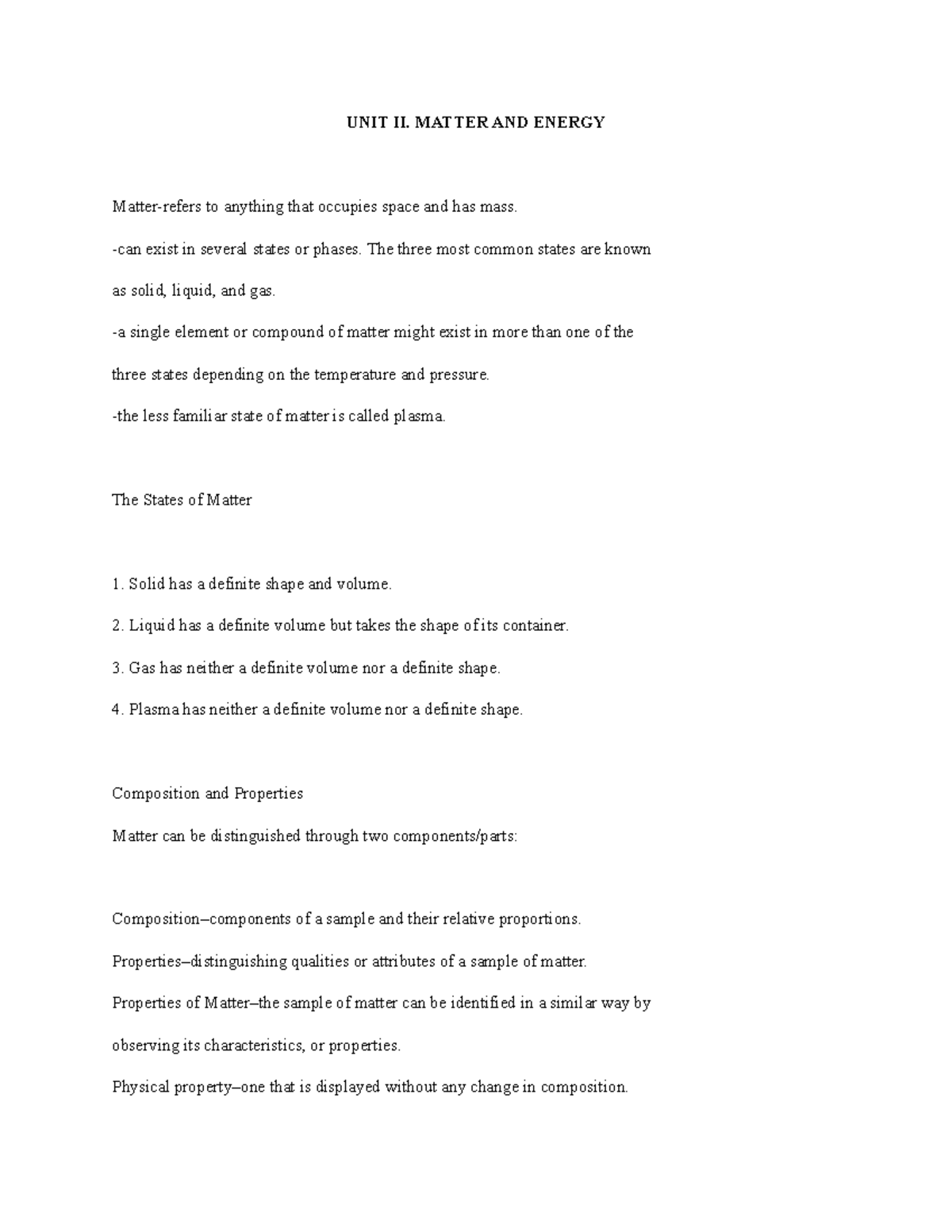 UNIT II. Matter AND Energy - UNIT II. MATTER AND ENERGY Matter-refers ...