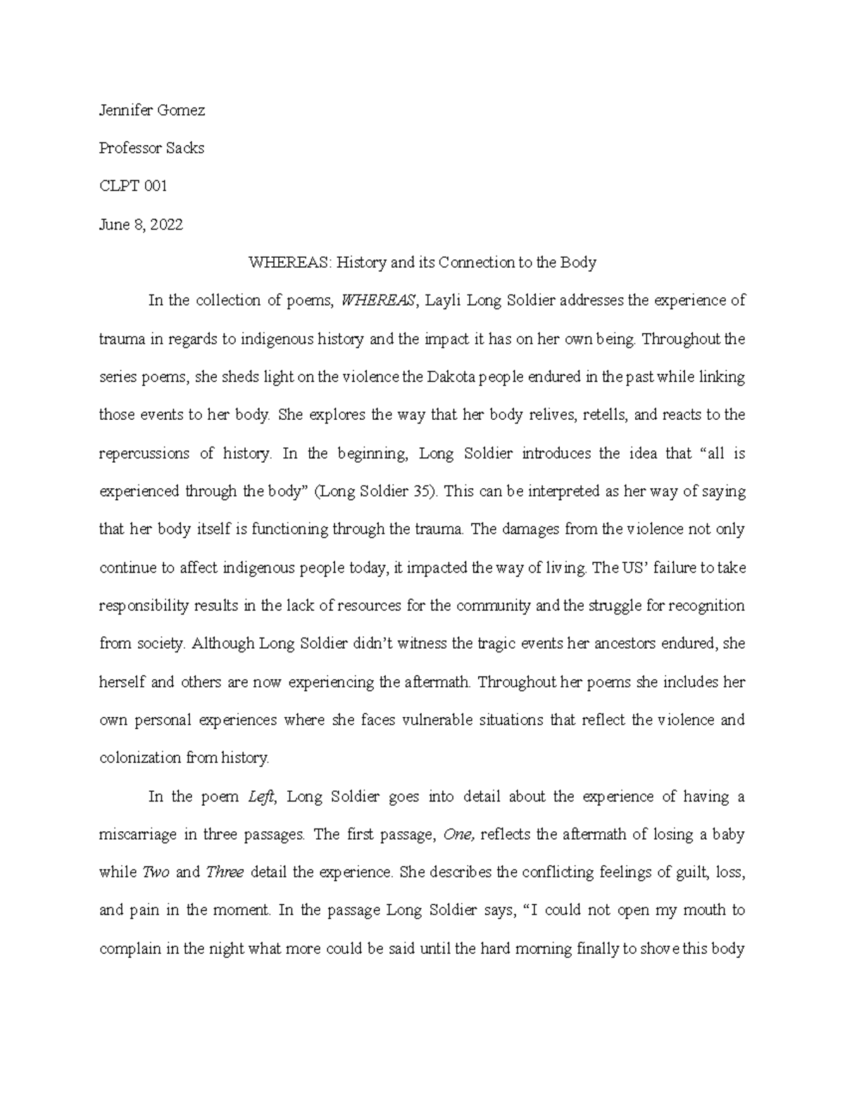 Close Reading Paper - Jennifer Gomez Professor Sacks CLPT 001 June 8 ...