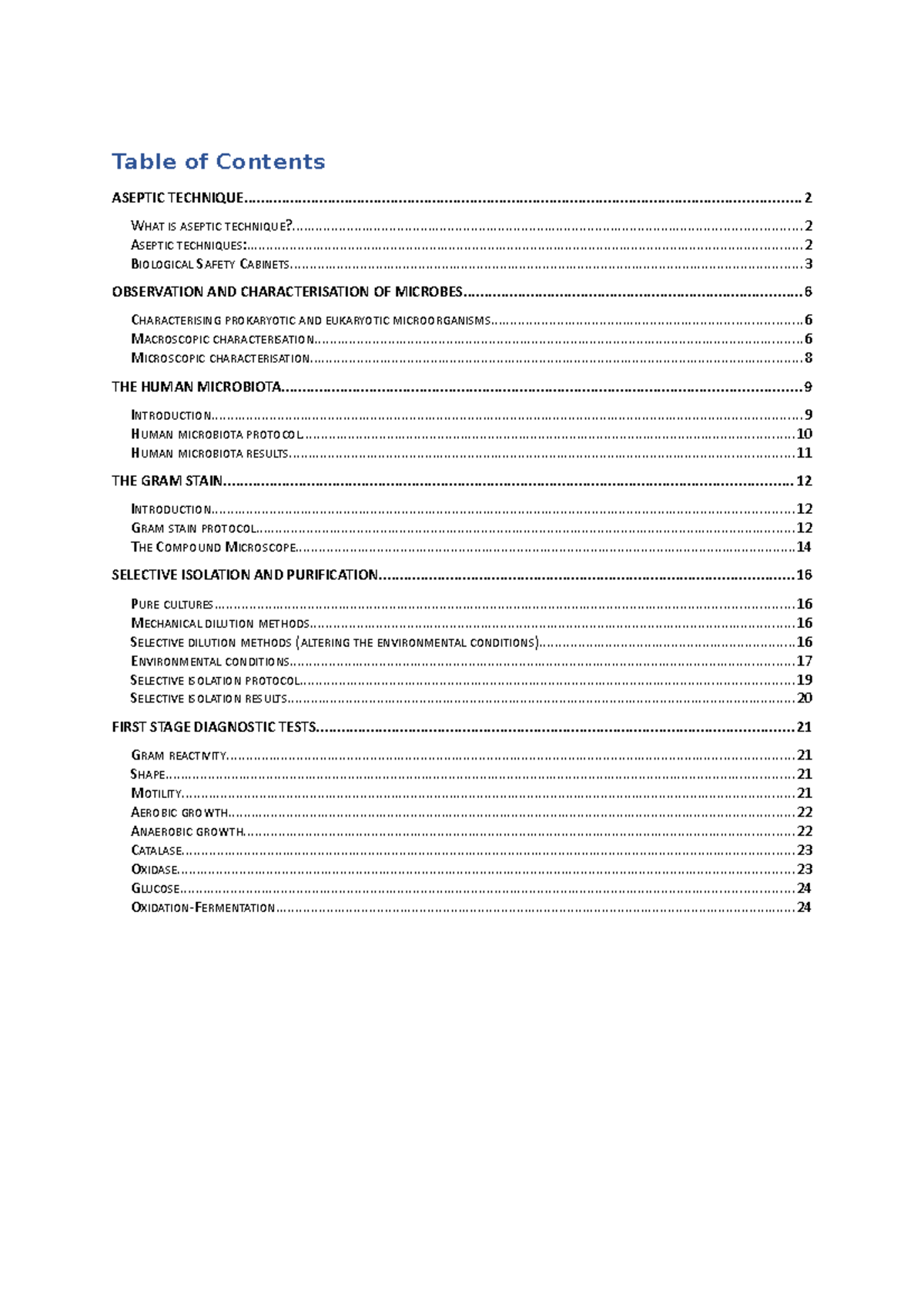 MIMI2002 Microbiology Practical Notes - Table of Contents ASEPTIC - Studocu