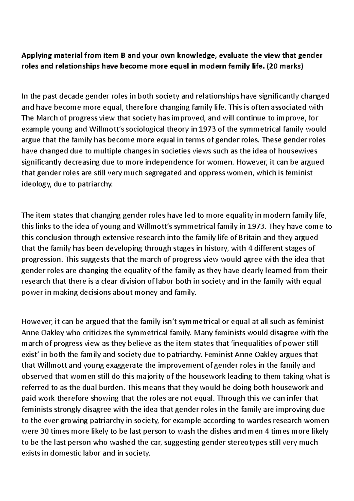 22nd 20marker - an essay on the view whether gender roles have become ...