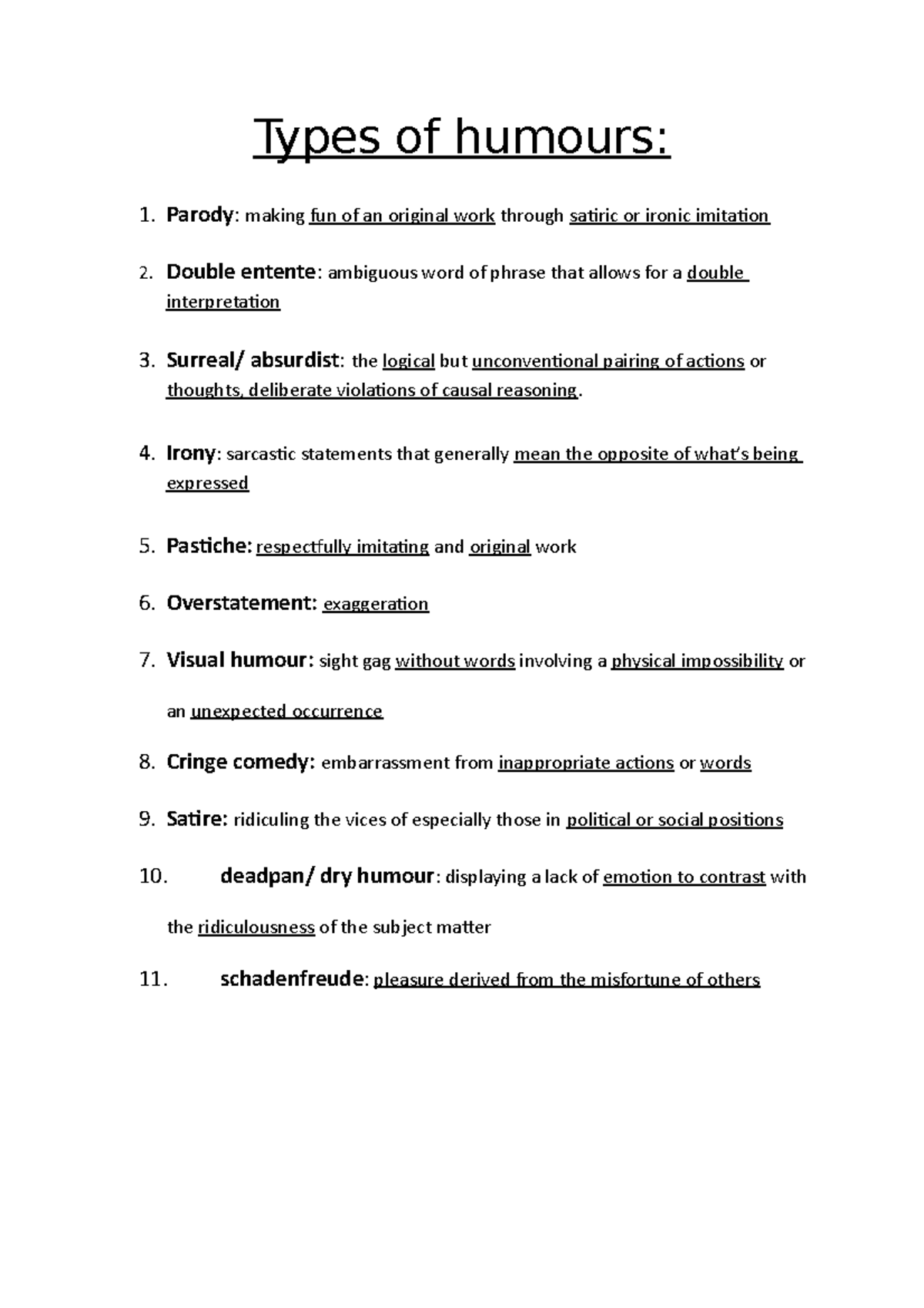 English - Engels - Types of humours: 1. Parody: making fun of an ...