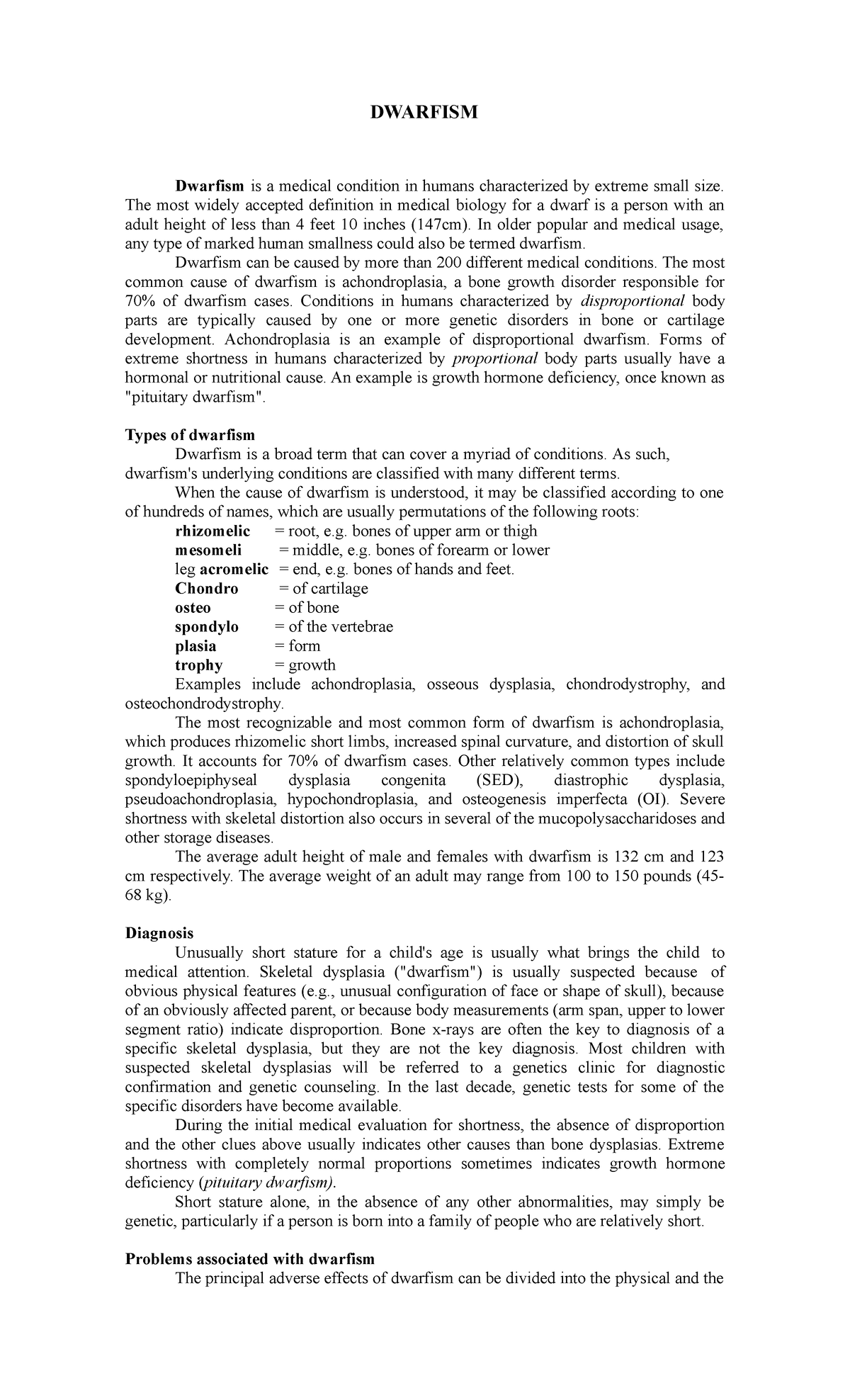 Dwarfism - Lecture notes 1-3 - DWARFISM Dwarfism is a medical condition ...