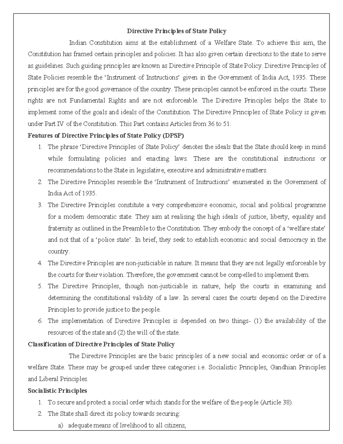 DPSP & FD - Summary BA Political Science - Directive Principles of ...