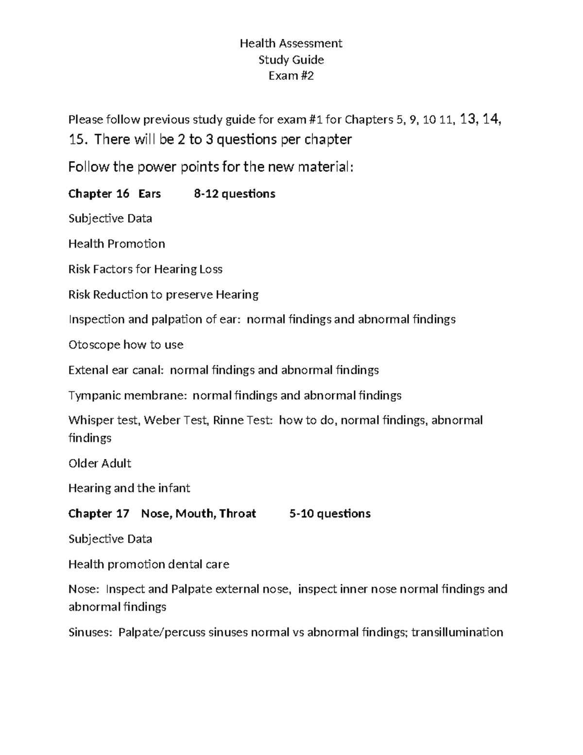 Study Guide Health Assessment Exam #2-1 - Study Guide Exam Please ...