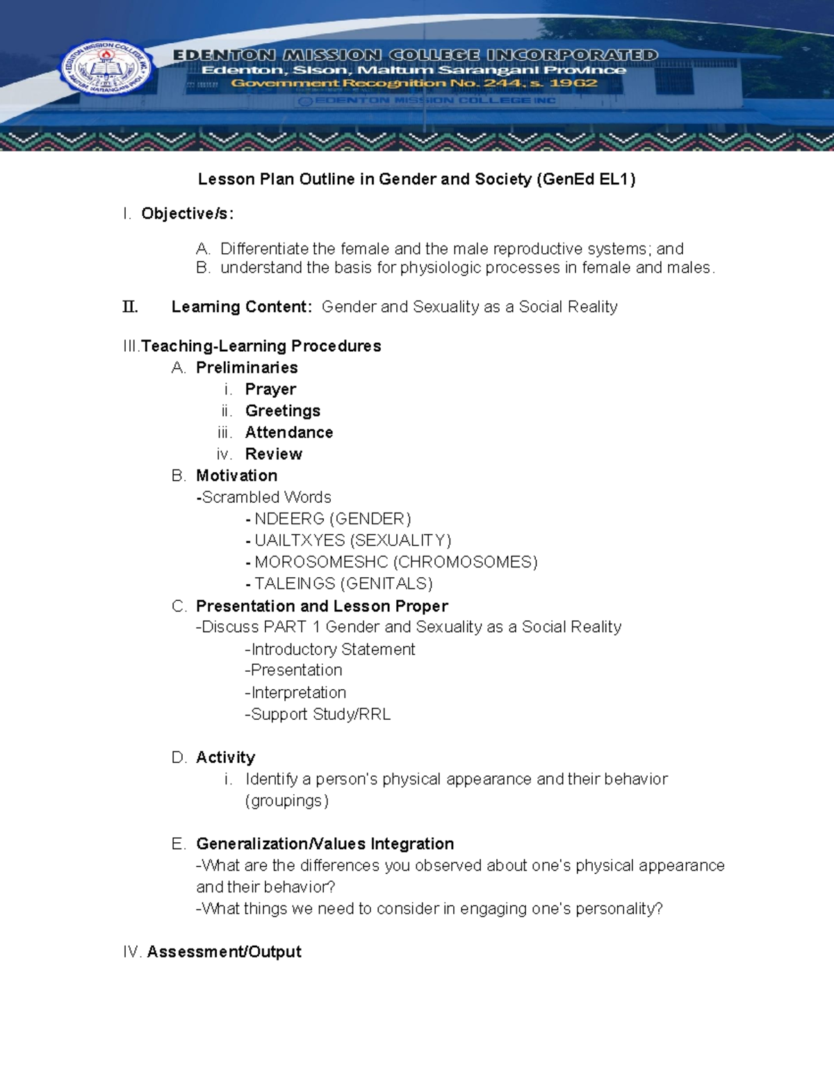 Learning Plan 1 - Guide for making Lesson Plan - Lesson Plan Outline in ...